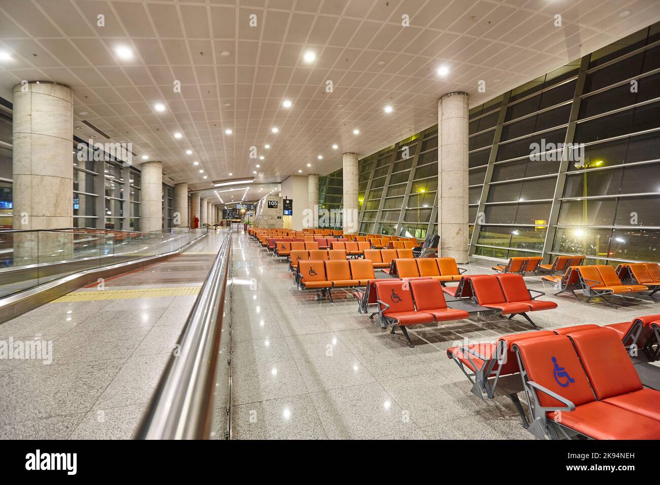 International airport departure lounge terminal. Boarding area with ...