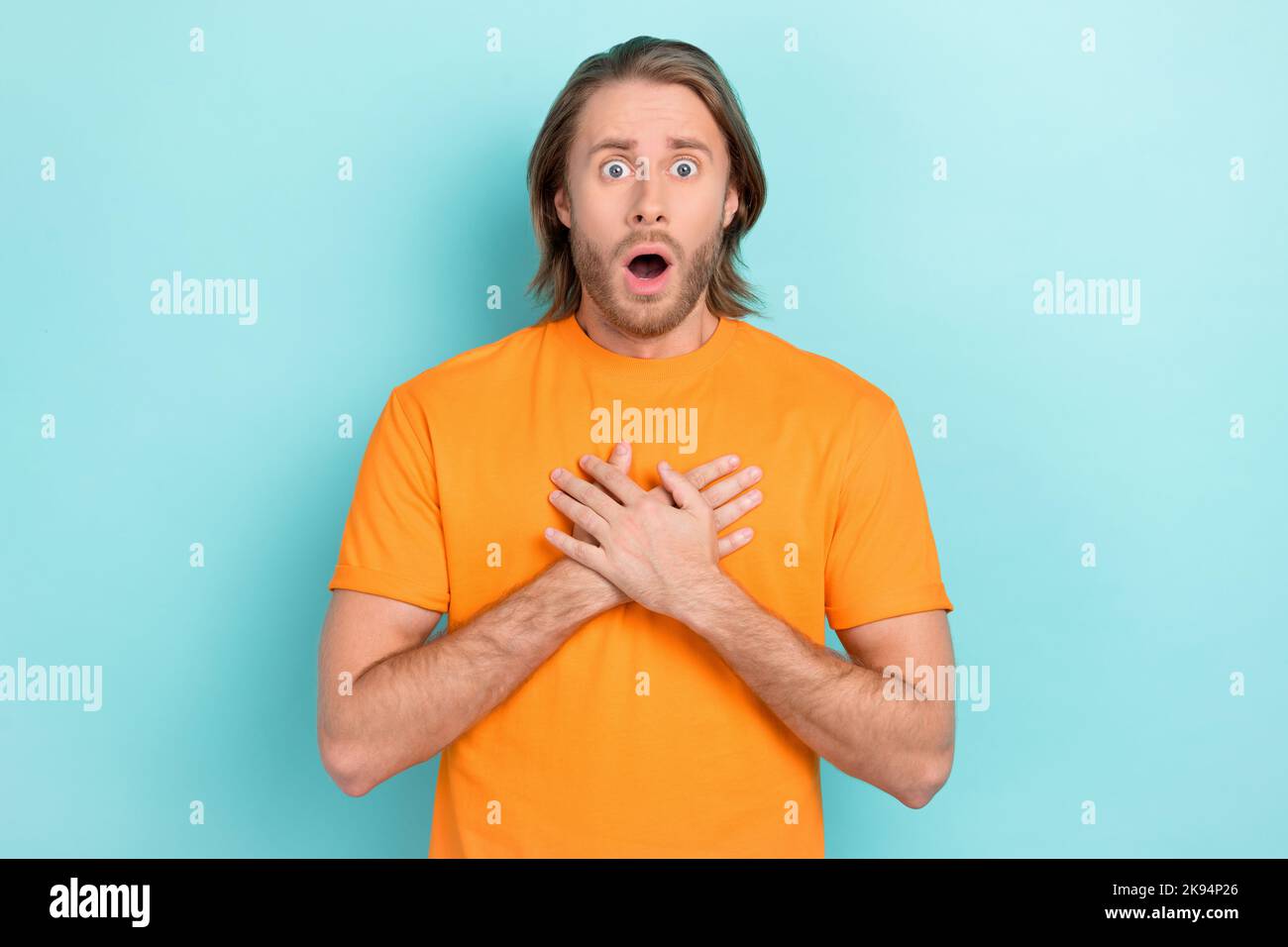 Photo of young funny grimace handsome attractive guy student wear t ...