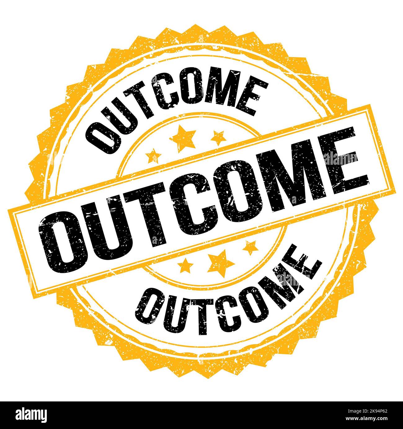 OUTCOME text written on yellow-black round stamp sign Stock Photo - Alamy