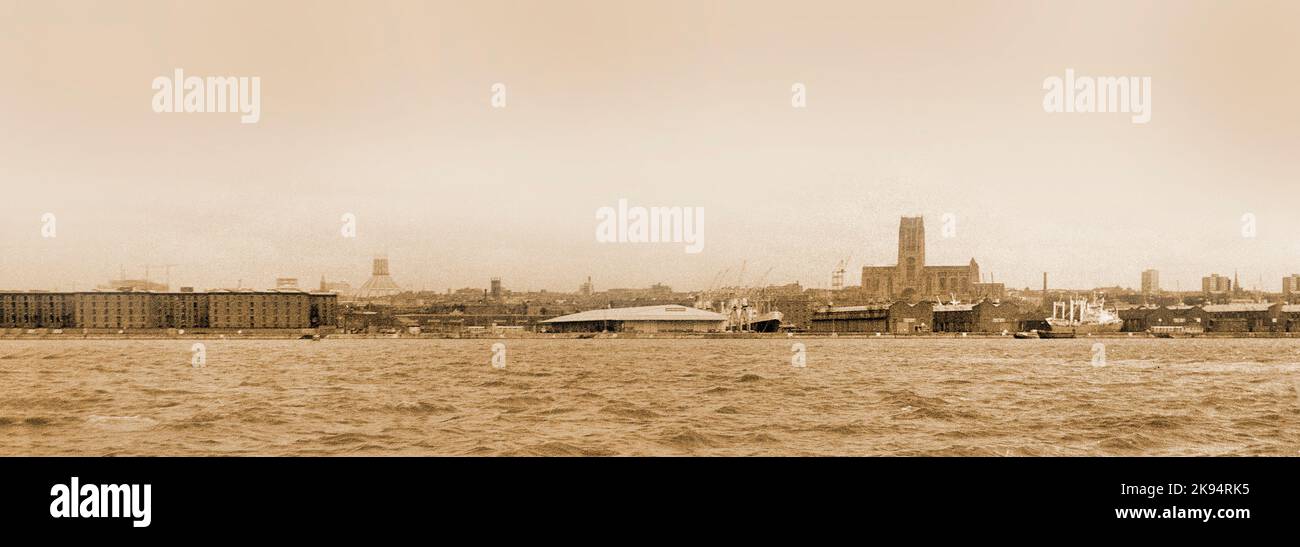 Vintage Liverpool panorama, 1969, sepia image. View from Birkenhead ...