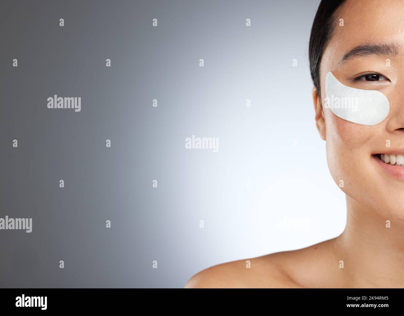 Beauty, eye mask and collagen skincare portrait of woman happy about ...