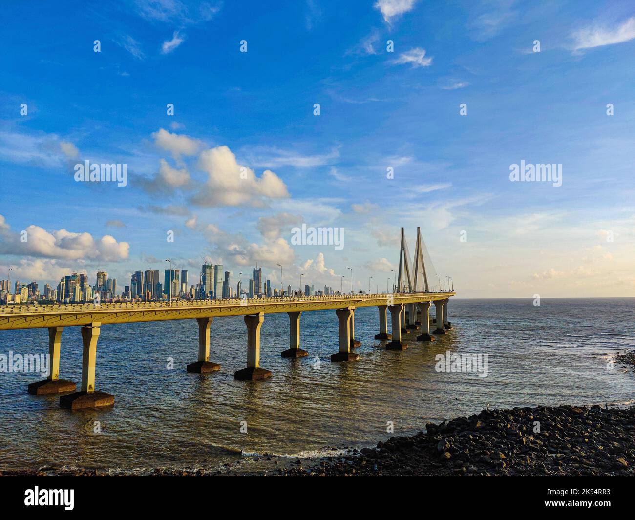 A scenic view to Bandra Worli Sea Link bridge during sunset with ...