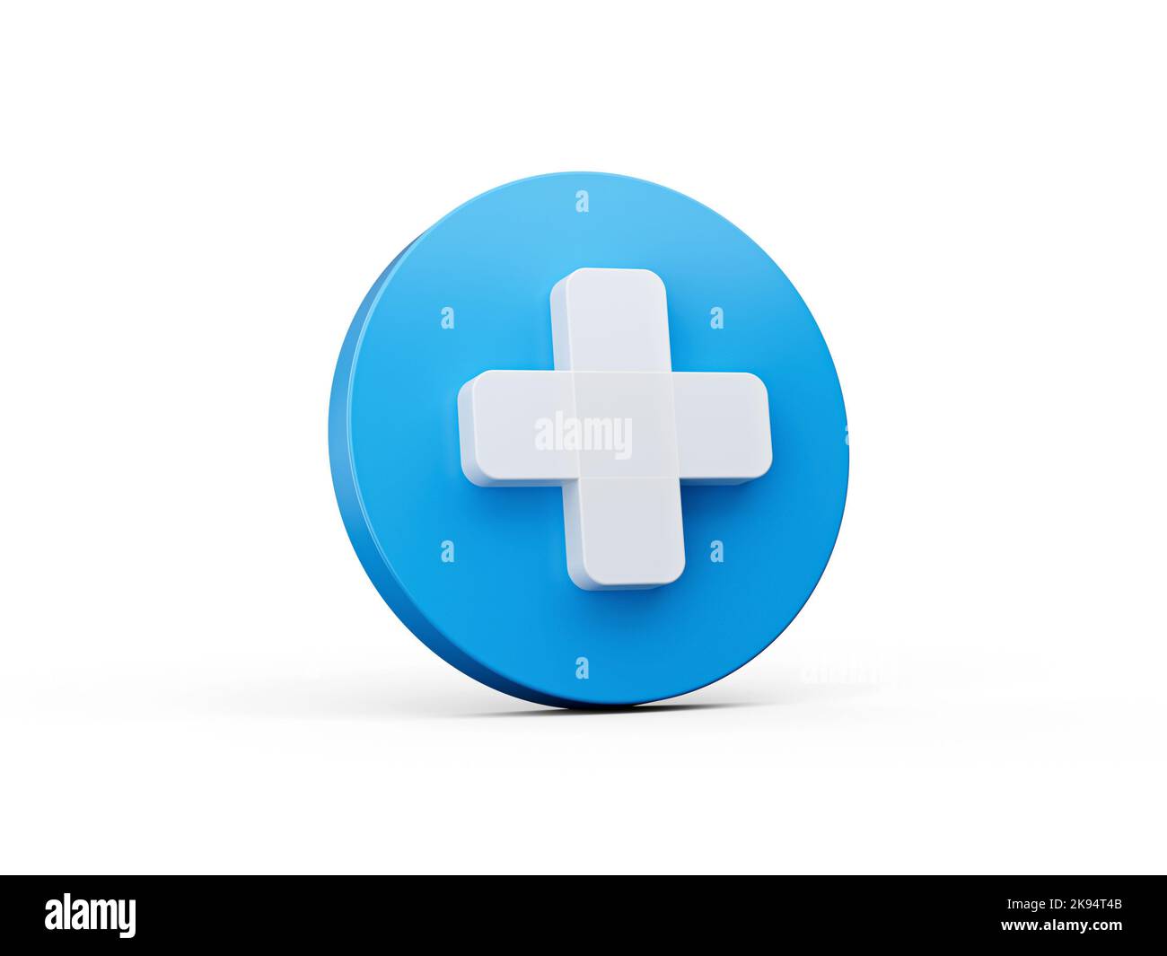 Plus 3d icon on blue button circle shape isolated on white background ...