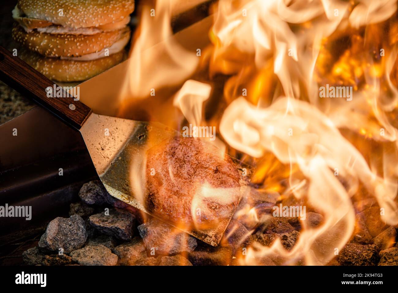 Burger in the fire on the grill, fresh, street food Stock Photo - Alamy