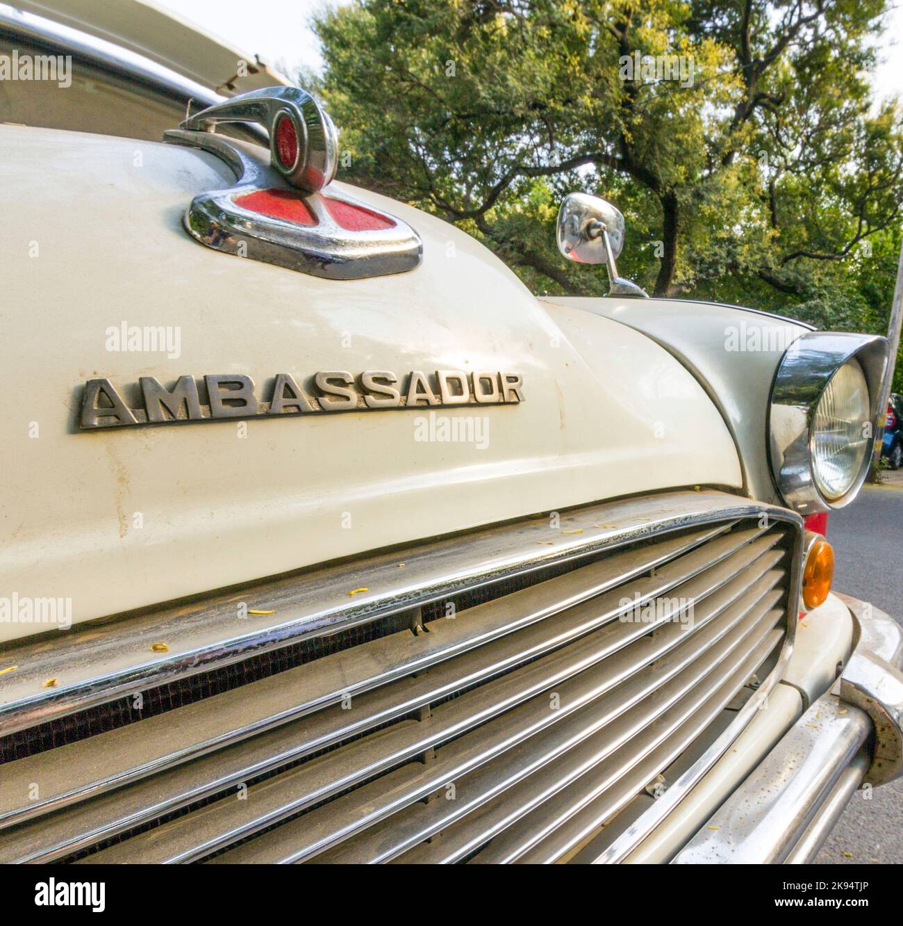 New Delhi - October 14: Ambassador car parks at the street on October ...
