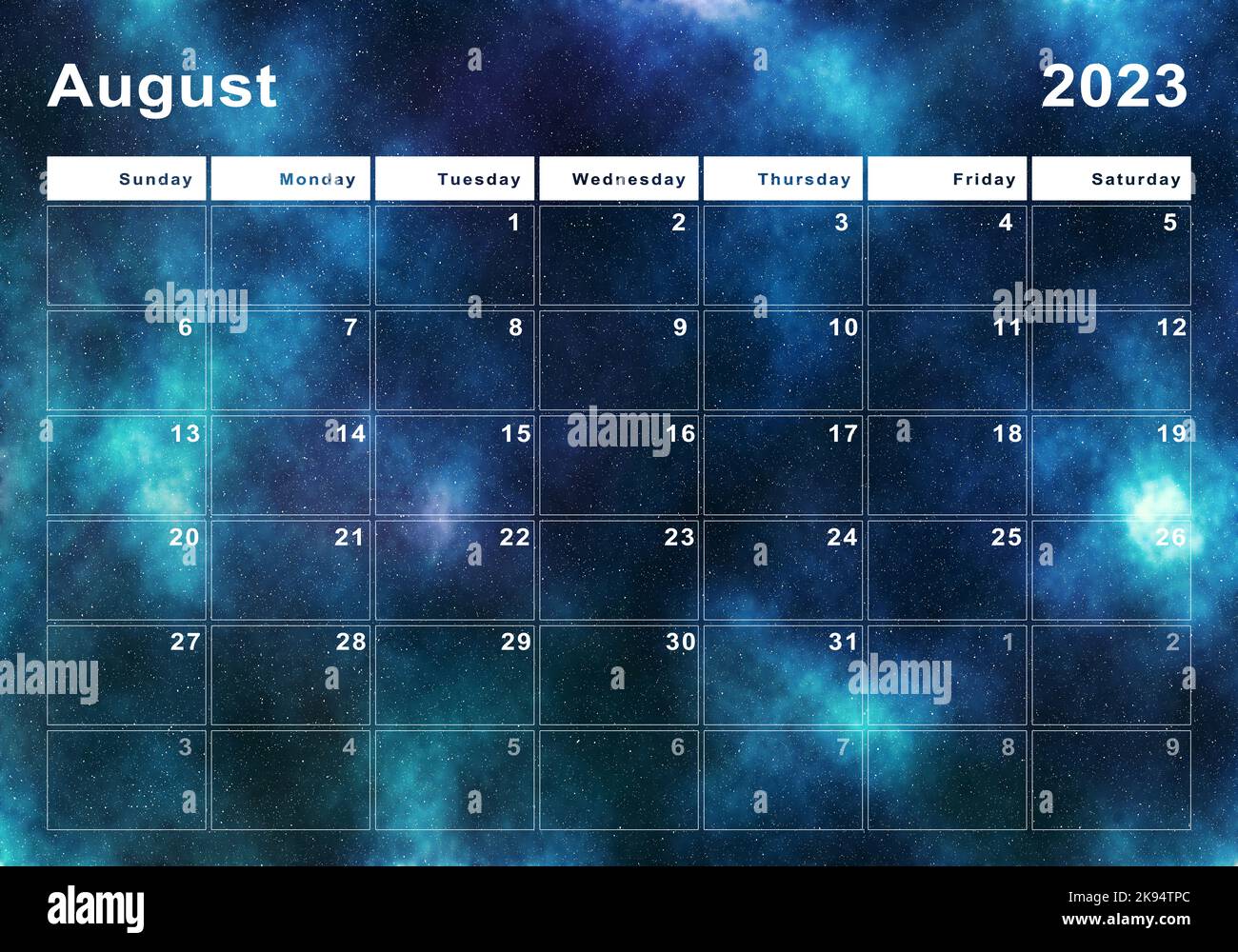 August 2023 calendar, week start Sunday, modern design Stock Photo - Alamy