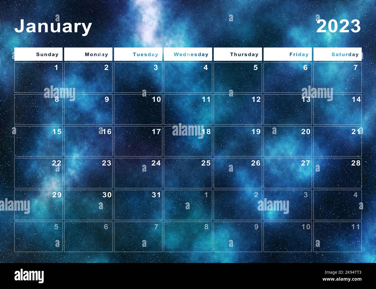 January 2023 calendar, week start Sunday, modern design Stock Photo - Alamy