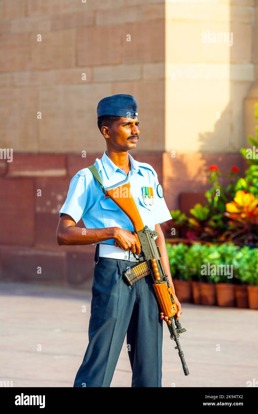 NEW DELHI - INDIA, OCT 16: soldier in parade uniform guards the indian ...