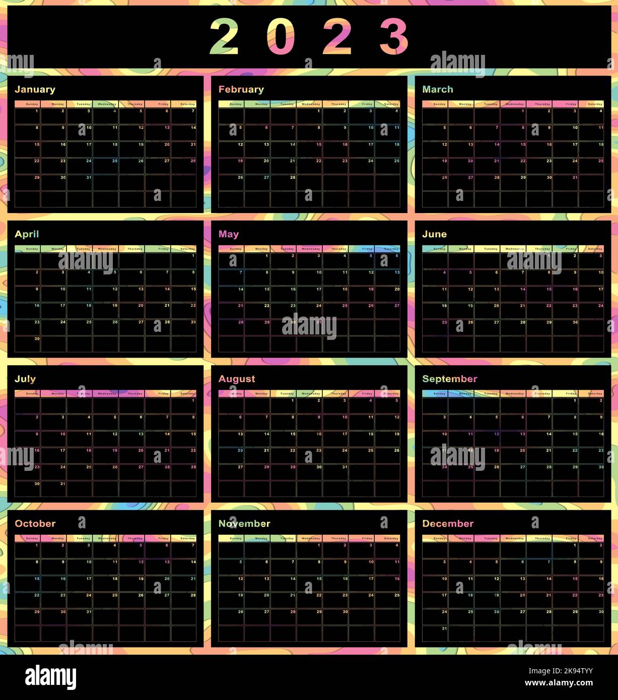 2023 calendar, week start Sunday, modern design Stock Photo - Alamy