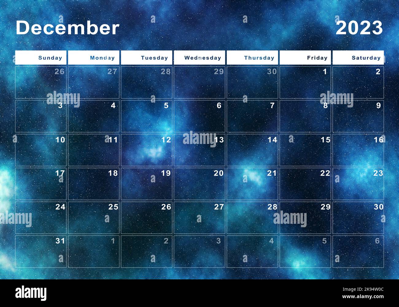 December 2023 calendar, week start Sunday, modern design Stock Photo ...