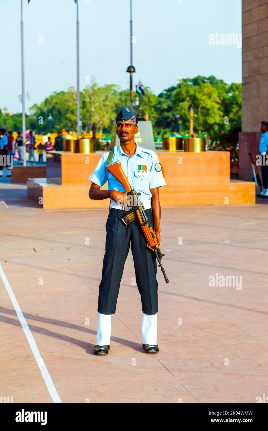 NEW DELHI - INDIA, OCT 16: soldier in parade uniform guards the indian ...