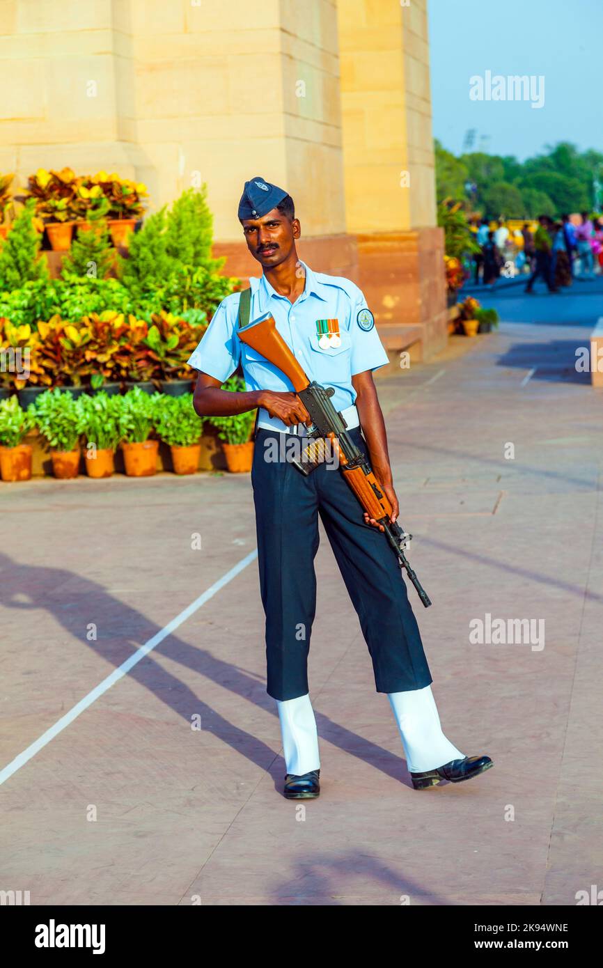 NEW DELHI - INDIA, OCT 16: soldier in parade uniform guards the indian ...