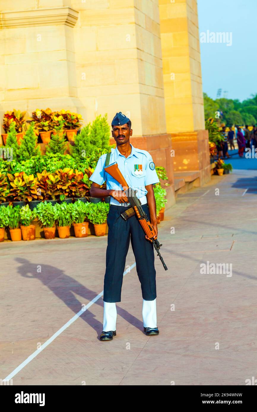 NEW DELHI - INDIA, OCT 16: soldier in parade uniform guards the indian ...