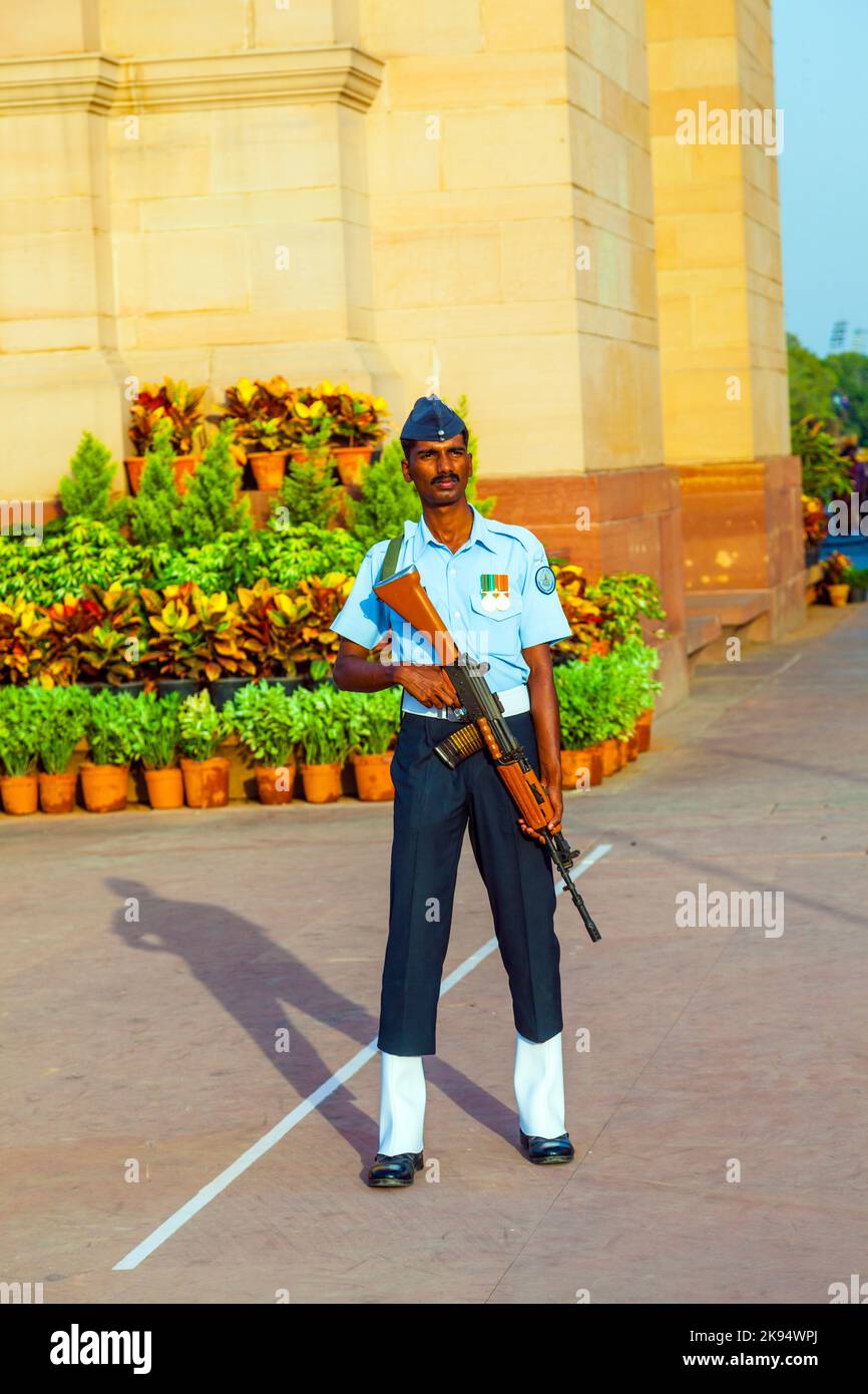 NEW DELHI - INDIA, OCT 16: soldier in parade uniform guards the indian ...