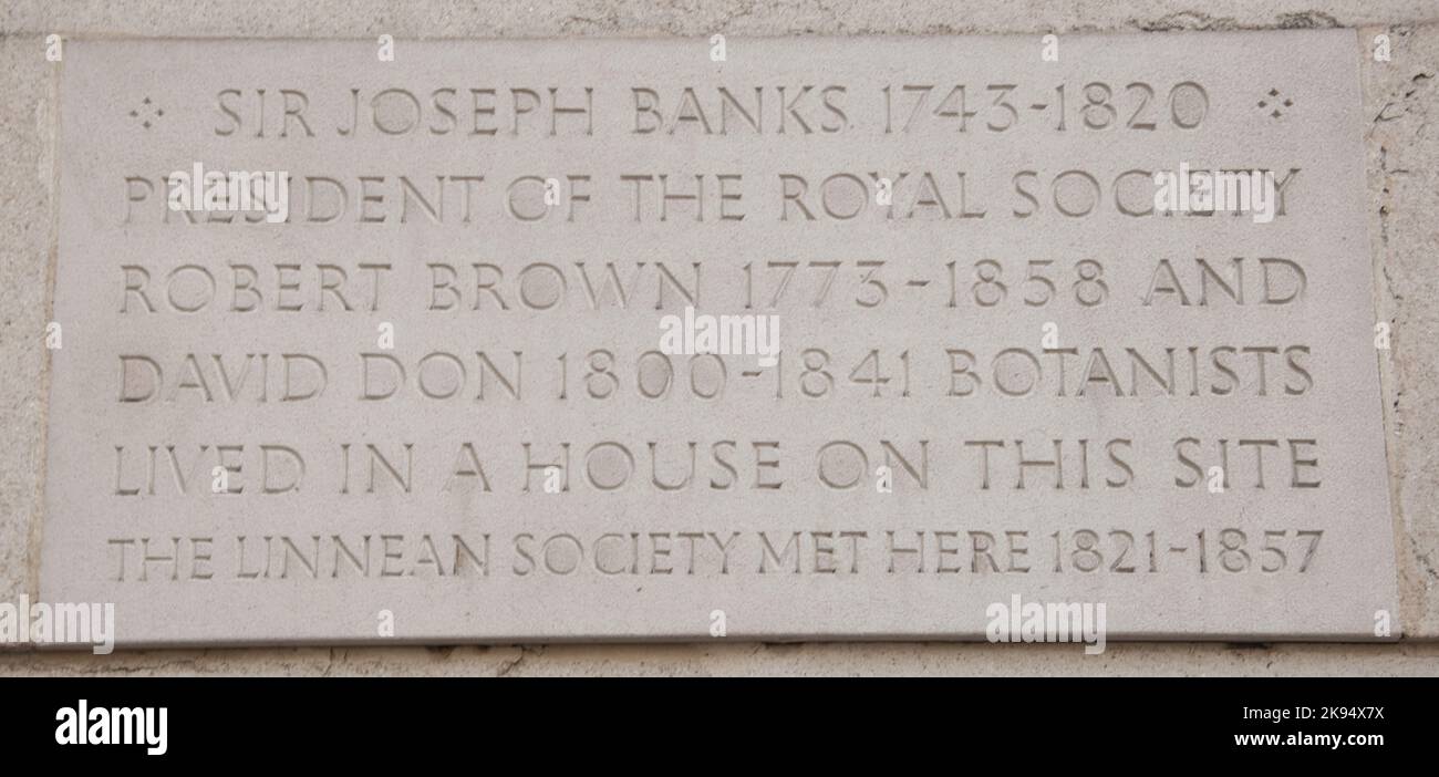 Plaque showing where Linnean Society met (1821-1857), Soho, London, UK ...