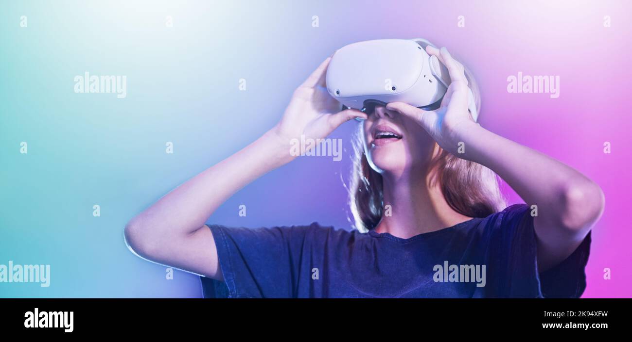 VR, metaverse and woman with glasses against a neon mockup background ...
