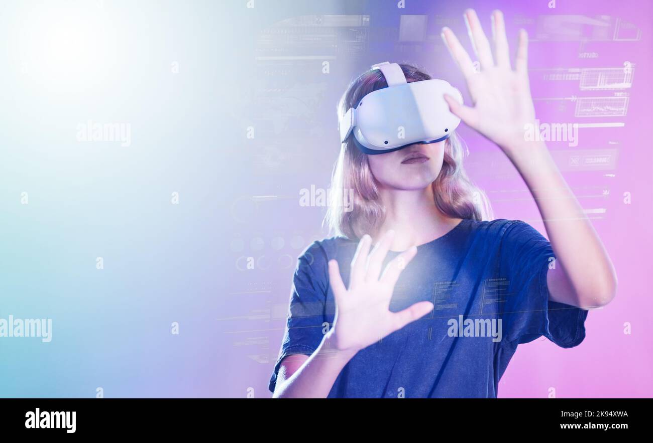 Virtual reality, metaverse and information with a woman user accessing ...