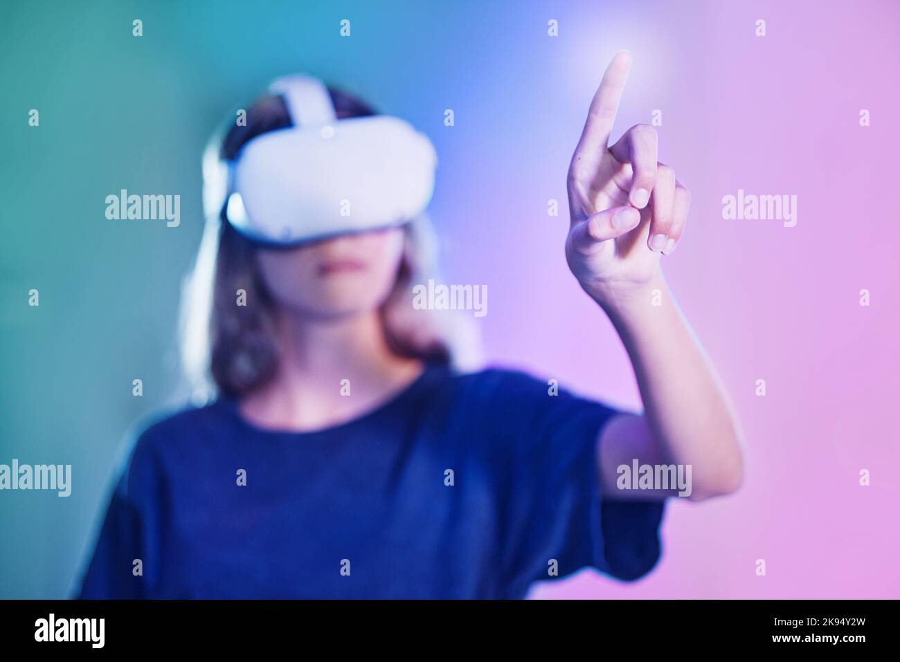 Woman hand with vr headset, ux technology and screen touching virtual ...