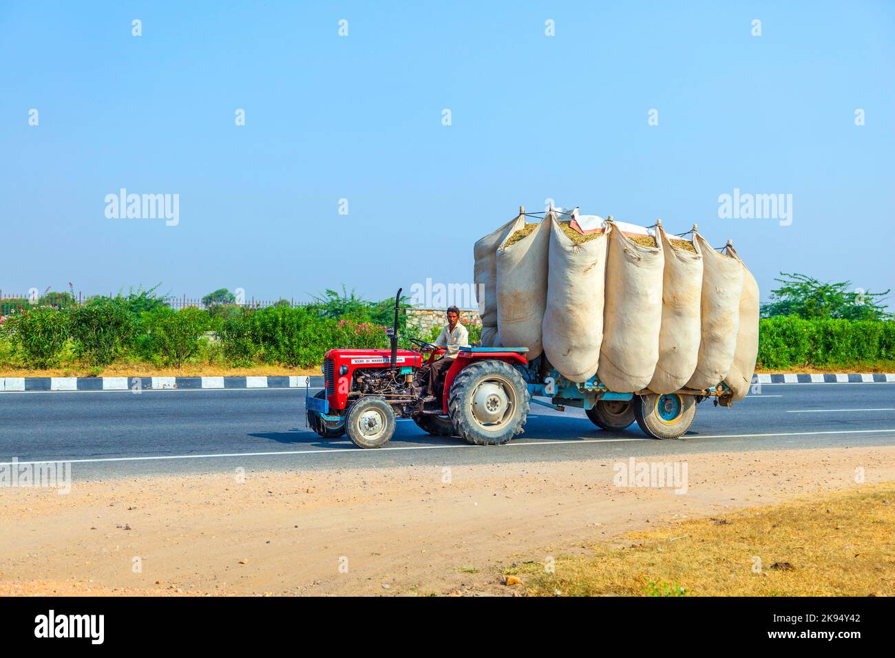 RAJASTHAN, INDIA - FEB. 24: timber transport with tractor on country ...