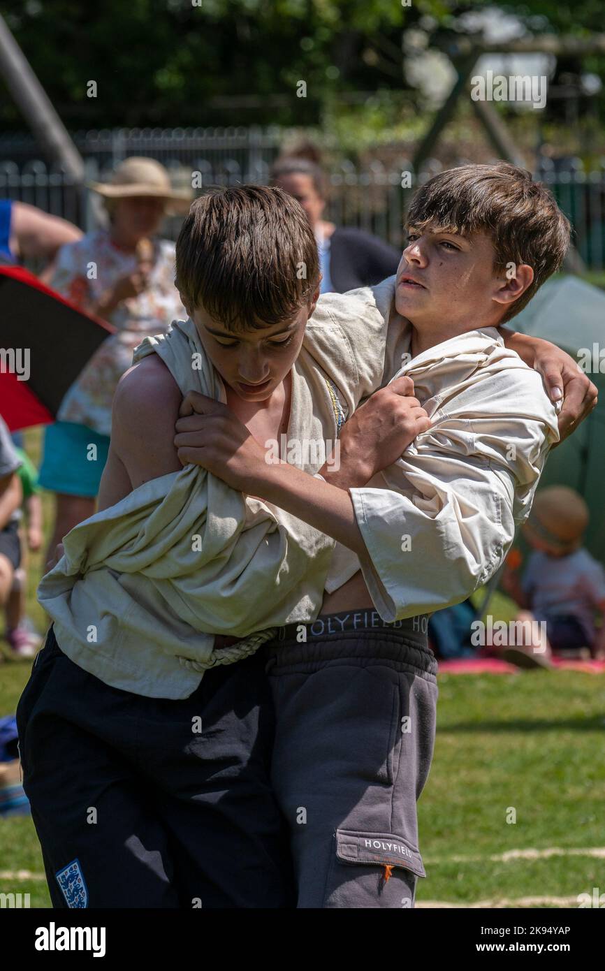 Two young teenagers brothers competing in the Grand Cornish Wrestling ...