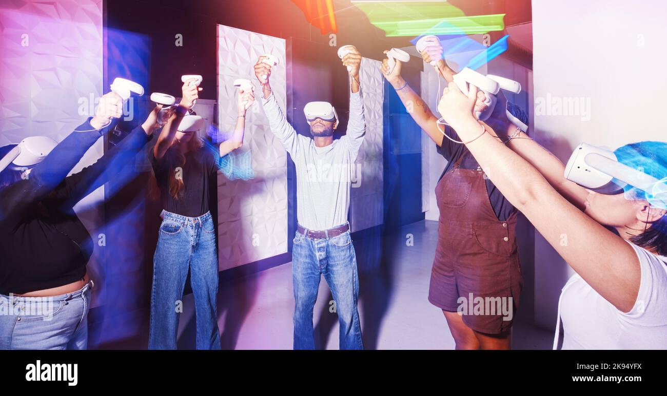 Metaverse, virtual reality headset and people diversity in neon gaming ...