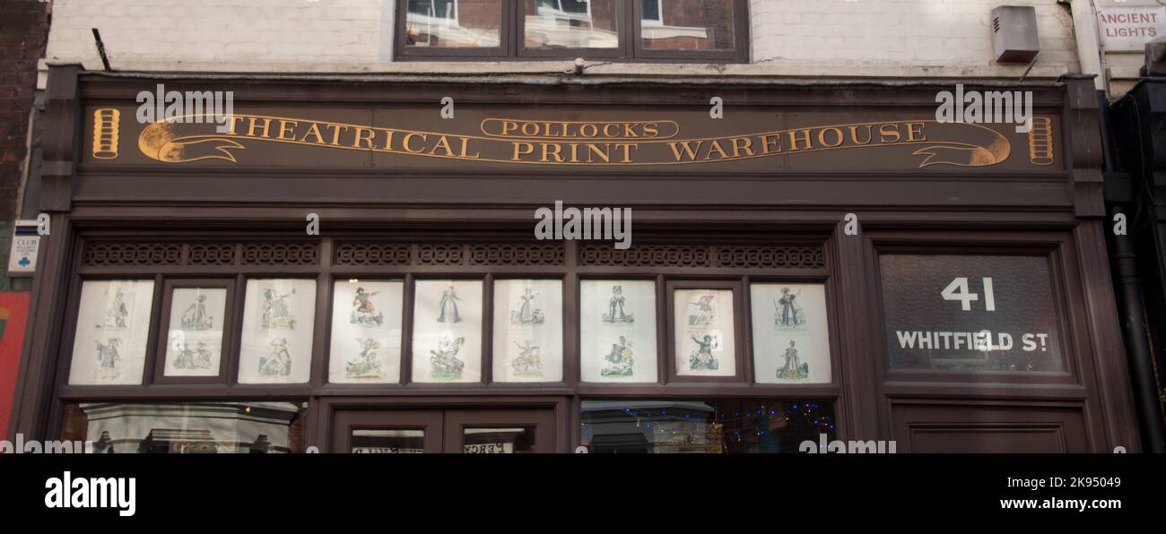 Pollock's Theatrical Print Warehouse, Bloomsbury, London, UK. The sign ...