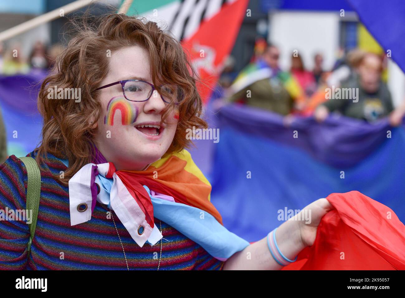 An excited young participant in the vibrant colourful Cornwall Prides ...