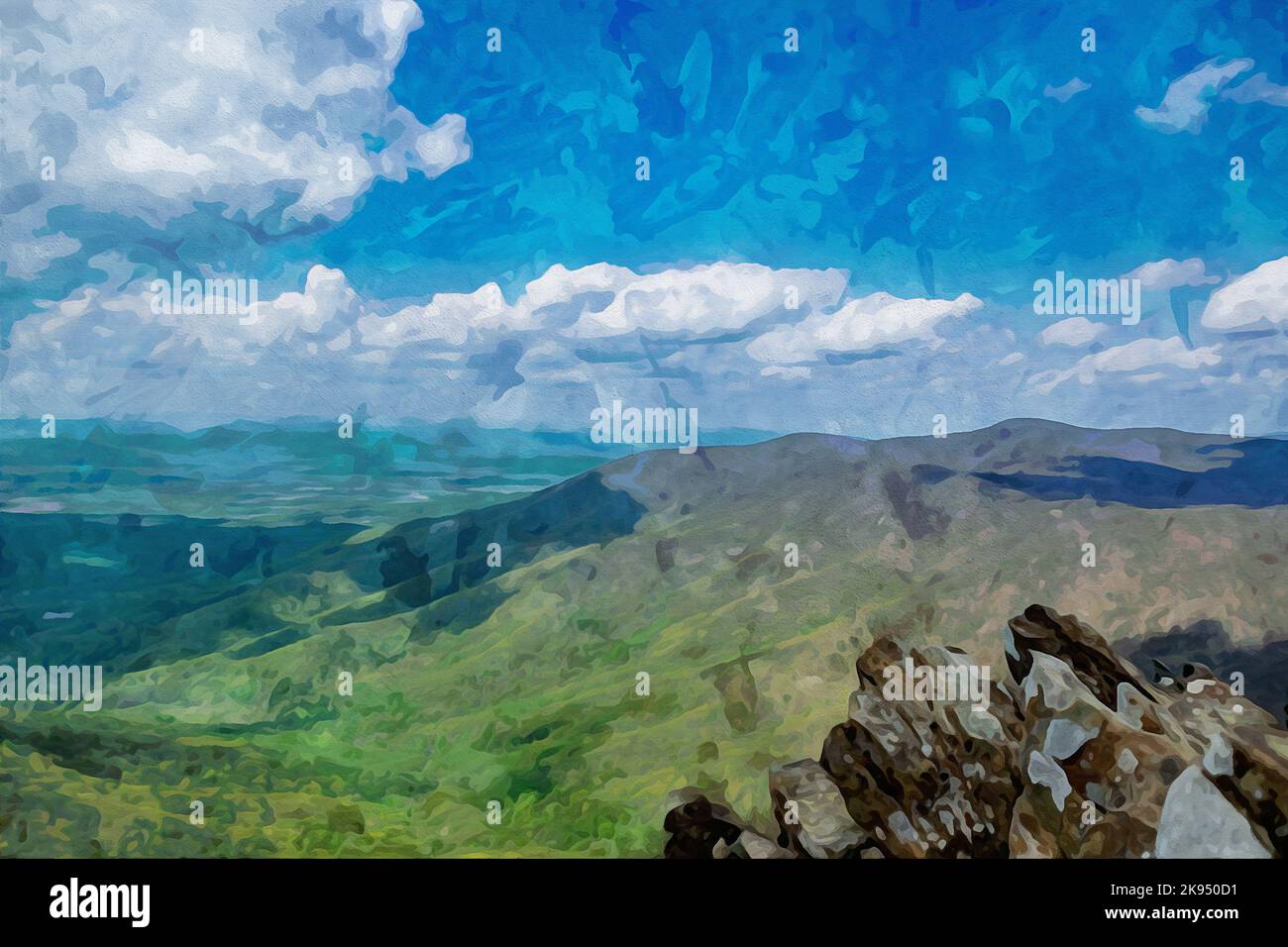 Digitally created watercolor painting of view of mountain top vista in ...
