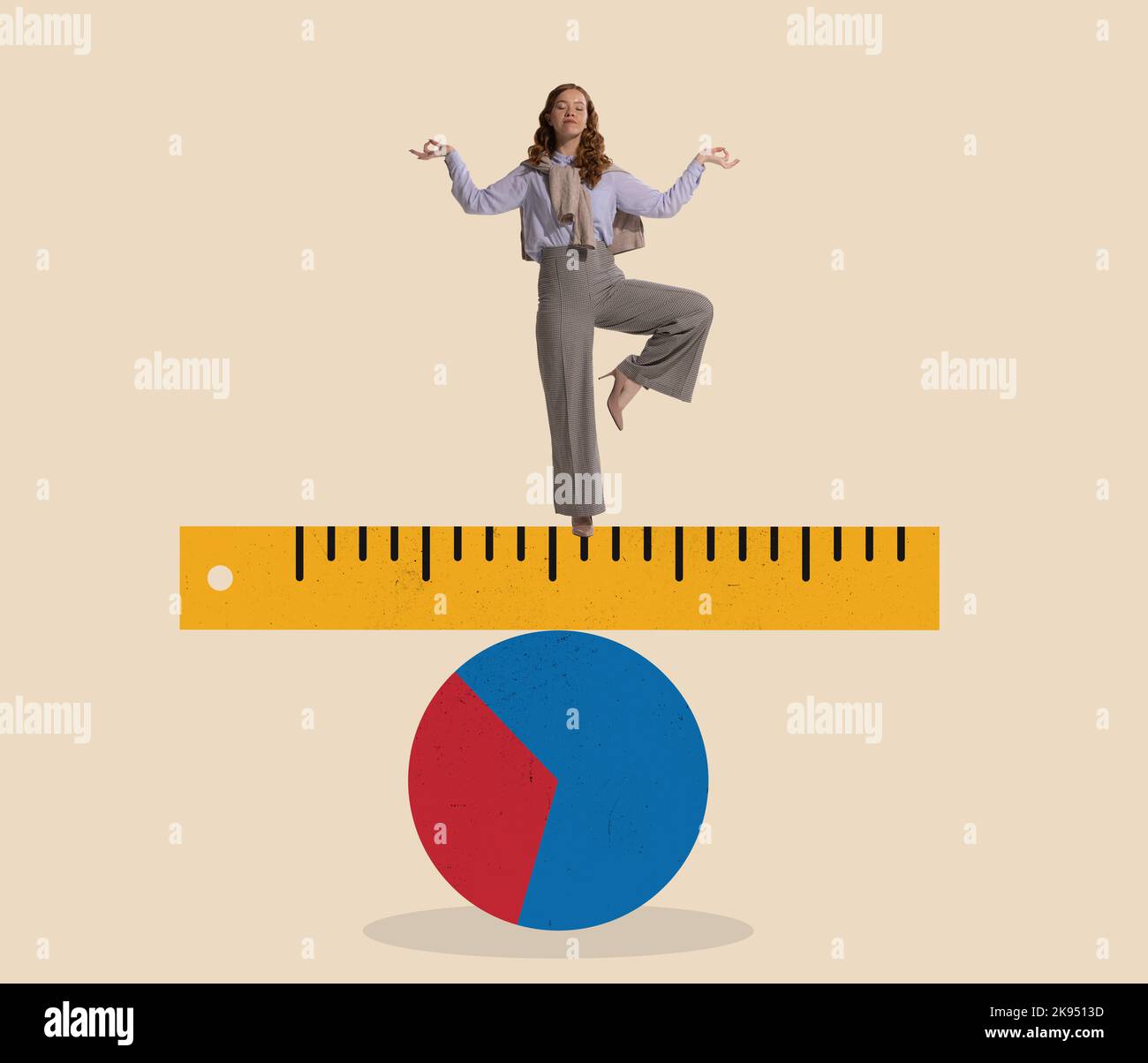 Keep balance in work tasks, goals. Young woman, employee, office worker ...