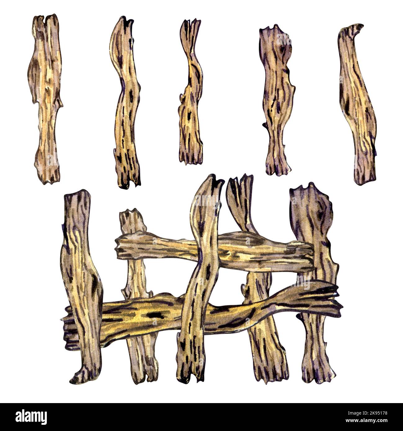Old wooden fence, tree bark watercolor illustration isolated on white ...