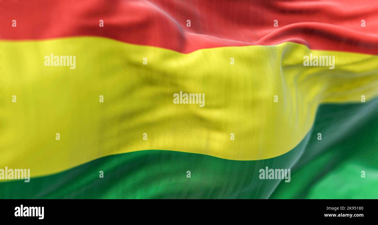 Close-up view of the Bolivia national flag waving in the wind. The ...