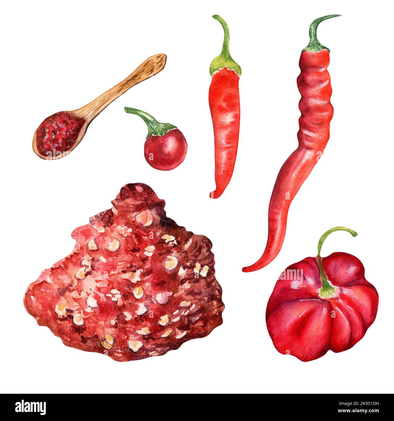 Powder red hot peppers in a bowl watercolor illustration isolated on ...