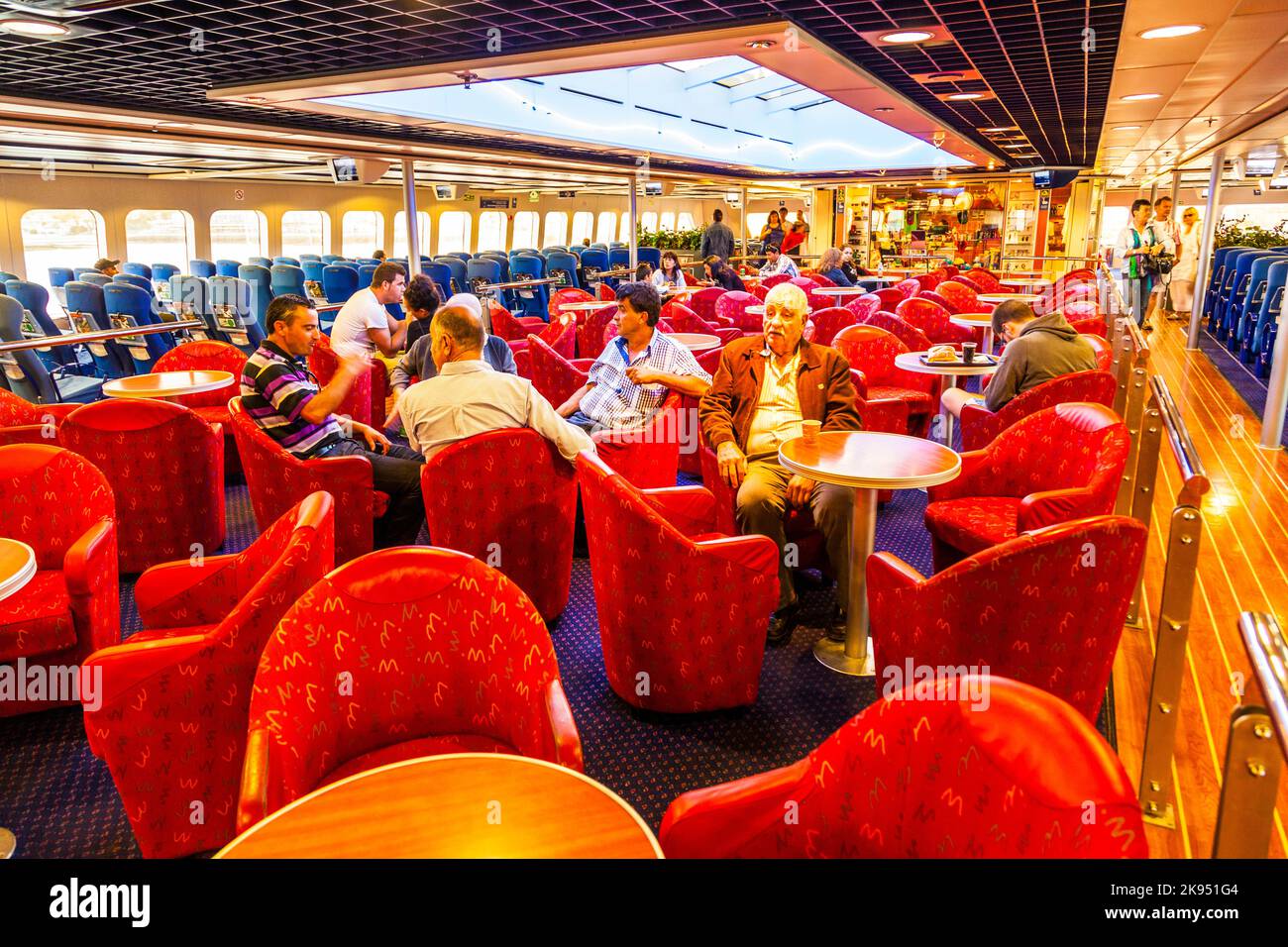 PLAYA BLANCA, SPAIN - MAR 28: inside the ferry Bocanya express on March ...