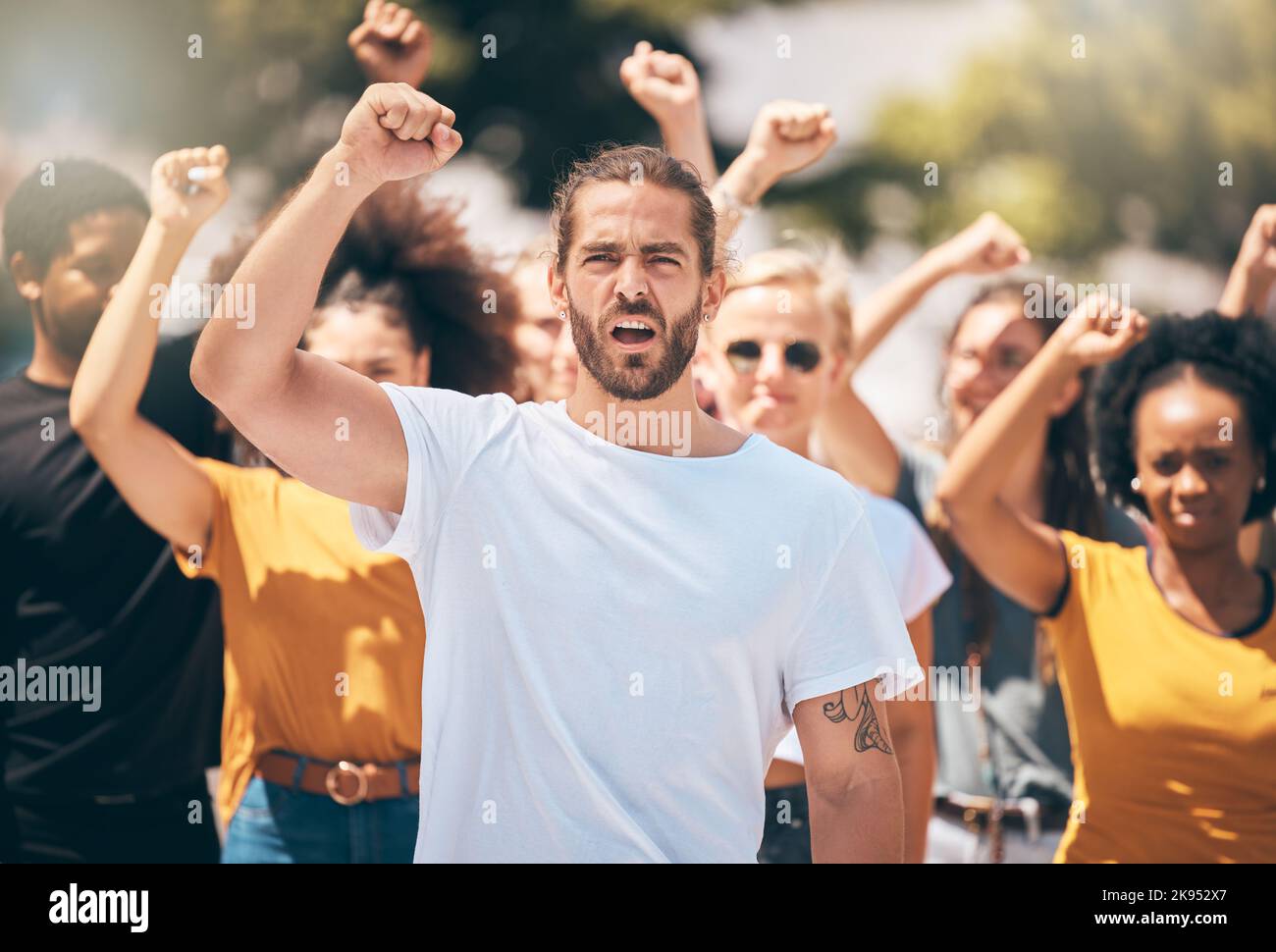 Diversity, people and protest voice opinion in a city with fist and ...