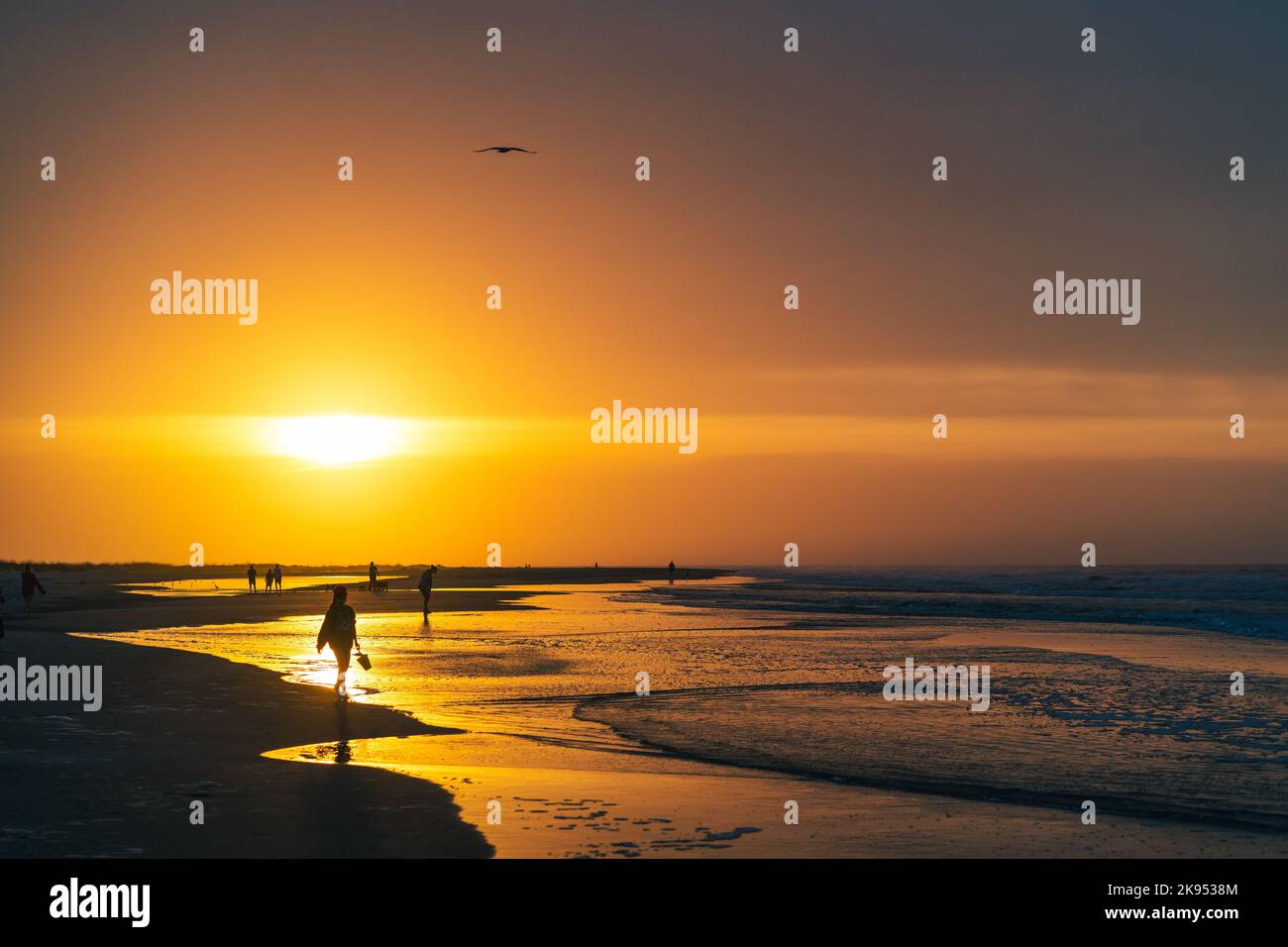 A beautiful orange sunrise sky over a beach with silhouettes of people ...