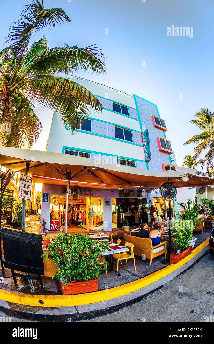 MIAMI, USA - July 31: famous Starlite hotel located at 750 Ocean Drive ...