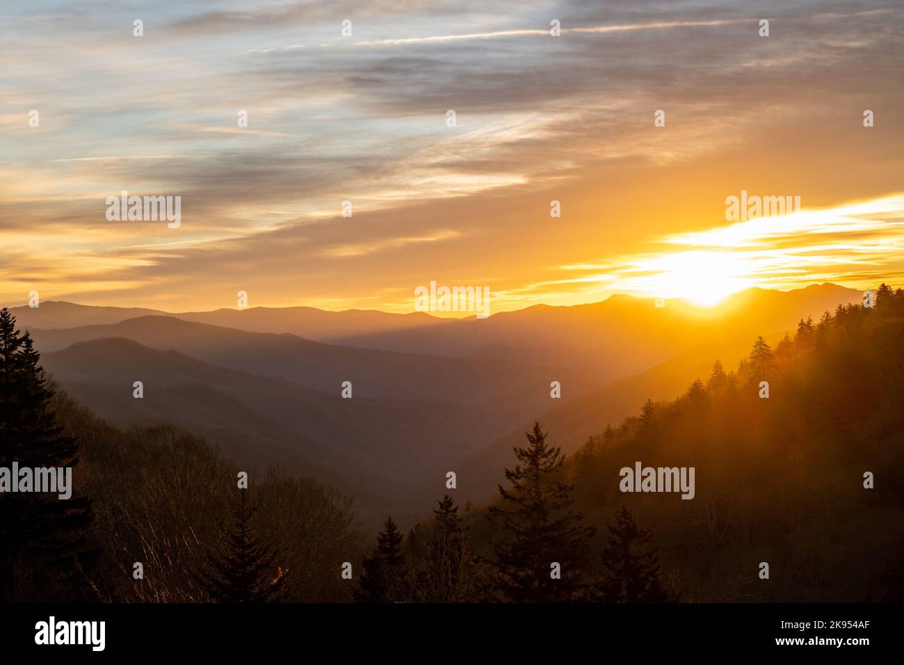 Sun Rising Over The Smokies In The Fall from Newfound Gap Stock Photo ...