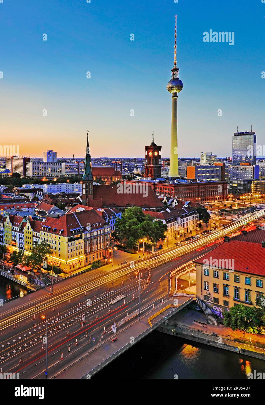 City view with Spree, Nikolai District, Rotes Rathaus, and television ...