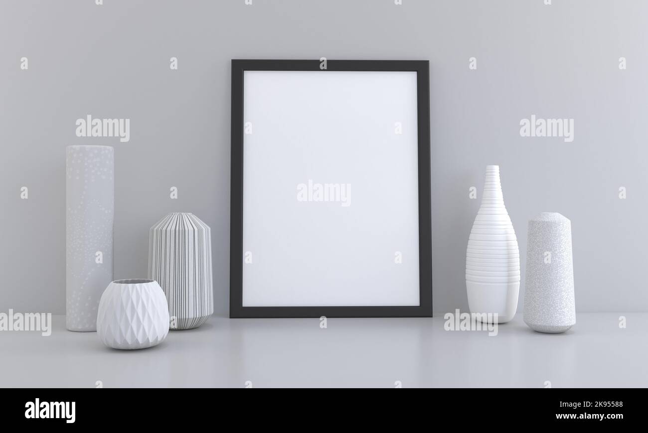 A 3D render of a black blank picture frame on a gray wall near bottles ...