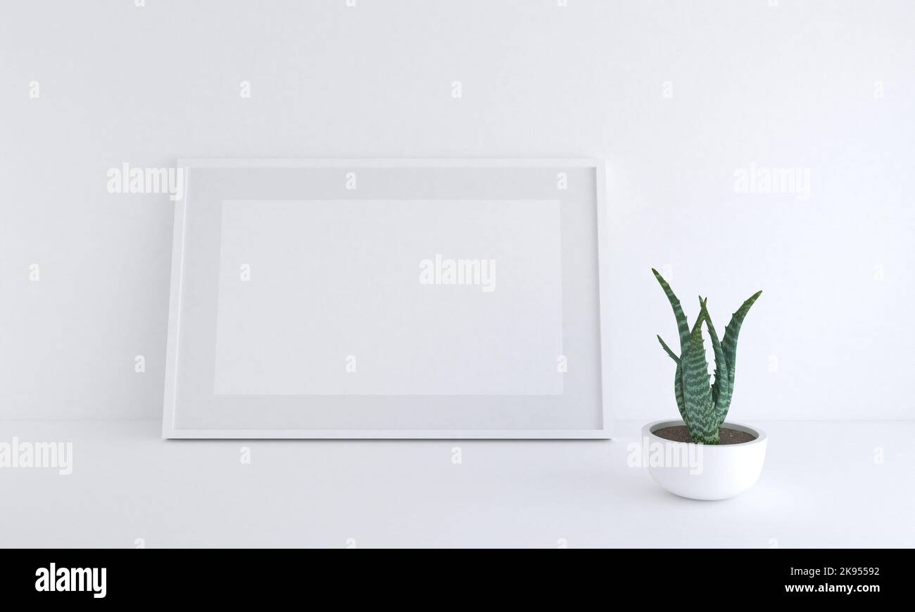 A 3D render of white blank frame near a potted green succulent on a ...