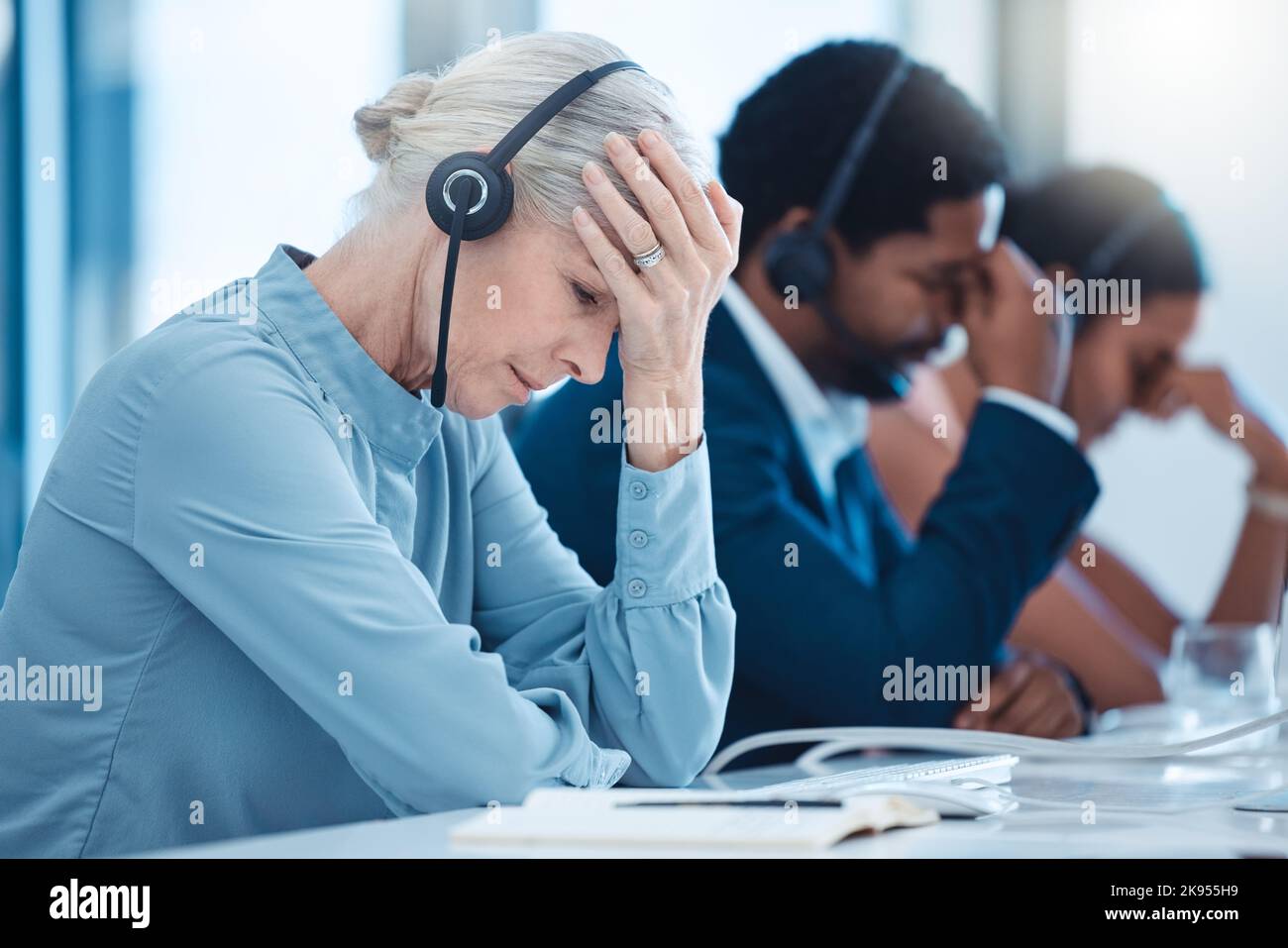 Telemarketing team, customer service employees and stressed crm workers ...
