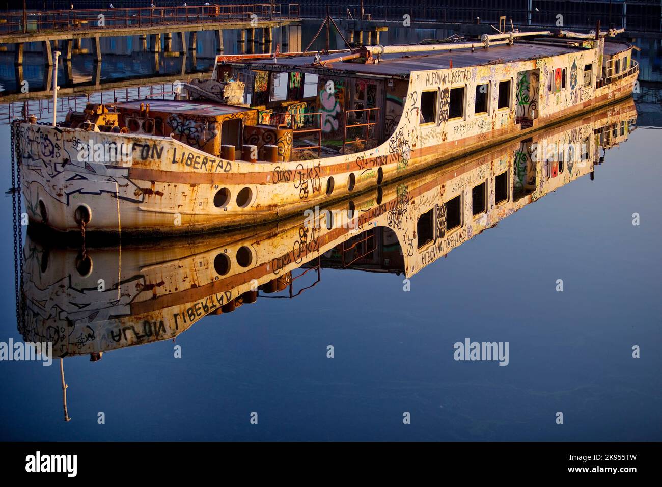 shipwreck of MS Dr. Ingrid Wengler in the Spree in the early morning ...