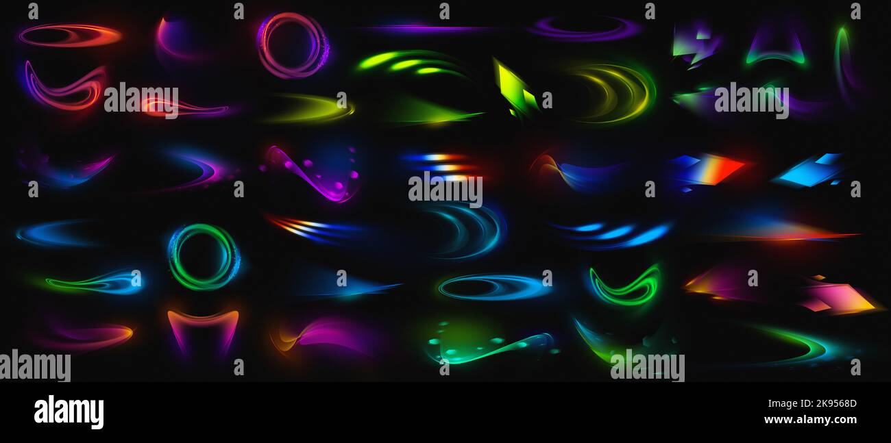 Set of colourful neon lens and light flare transparent effects over ...