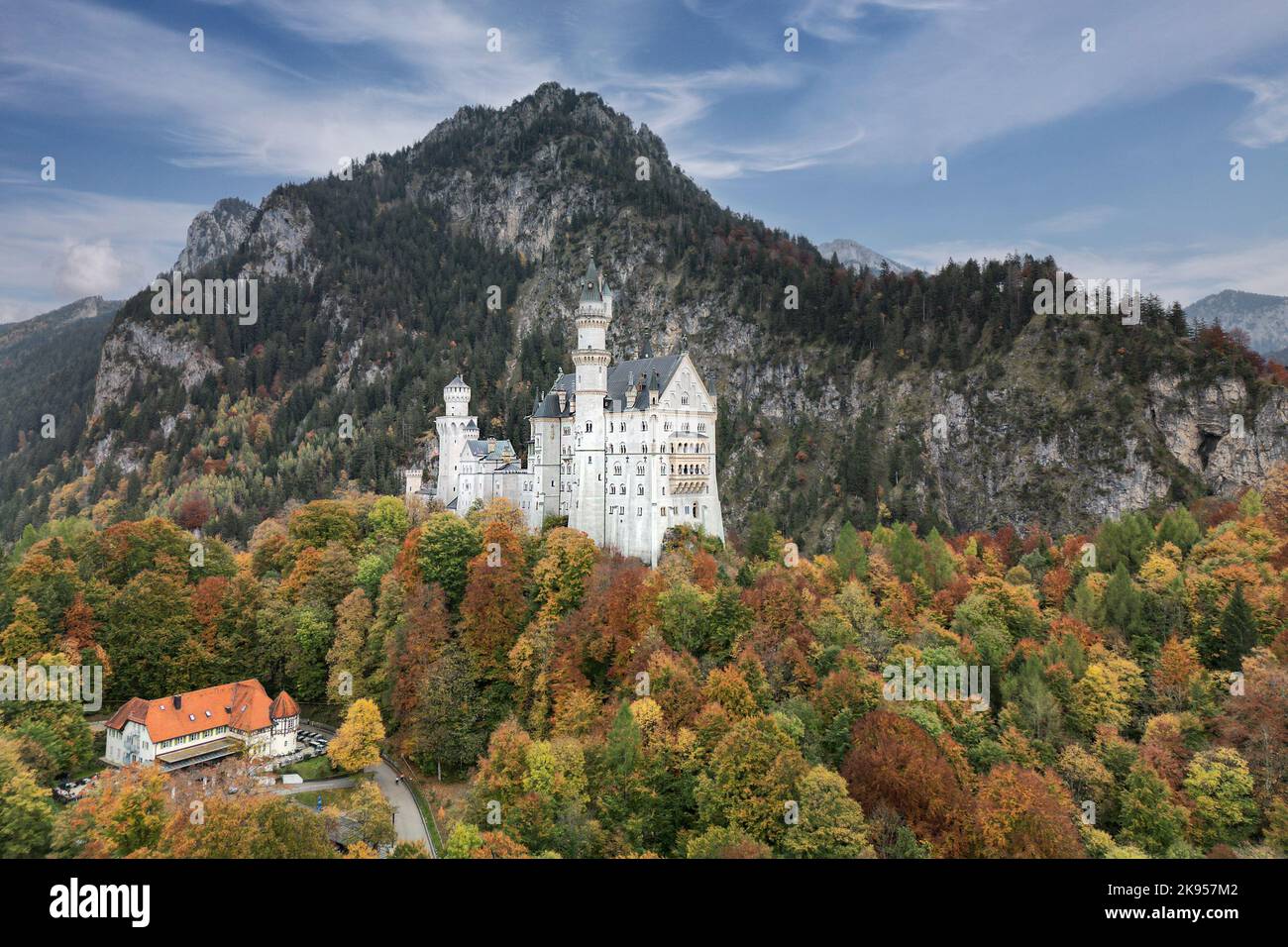 Aerial view of the most famous castle in the world, which is shown on ...