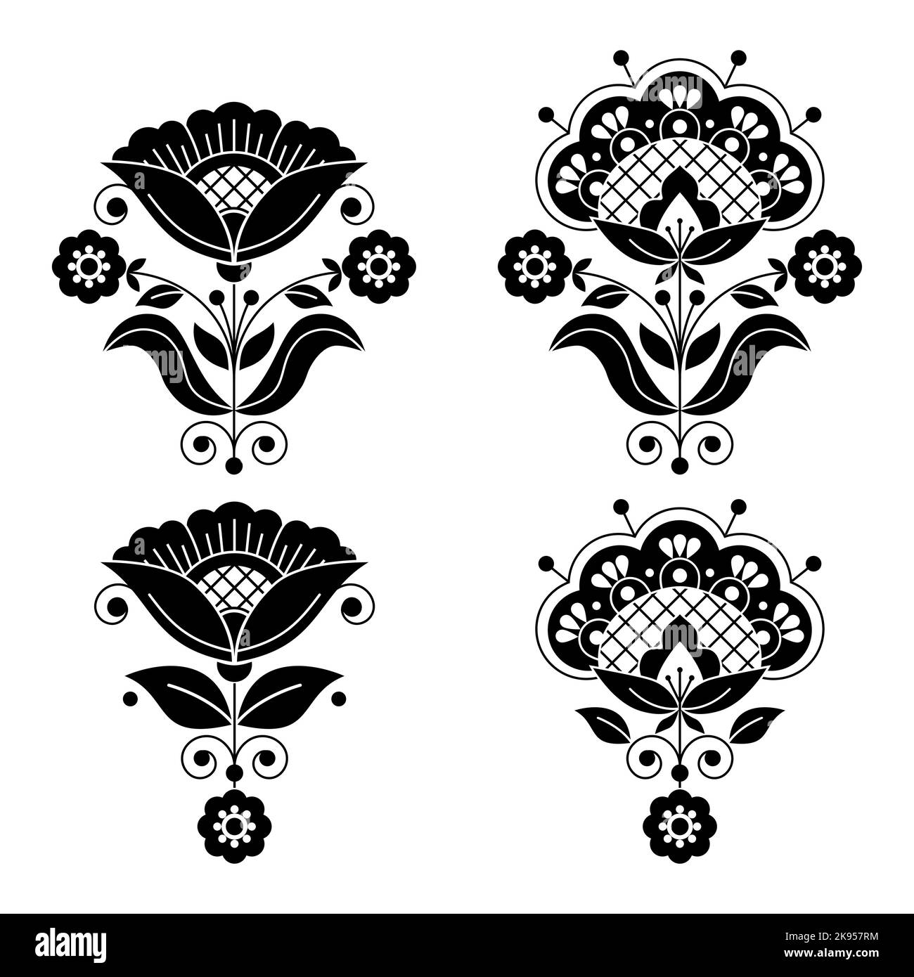 Scandinavian floral folk art vector black and white design set with ...
