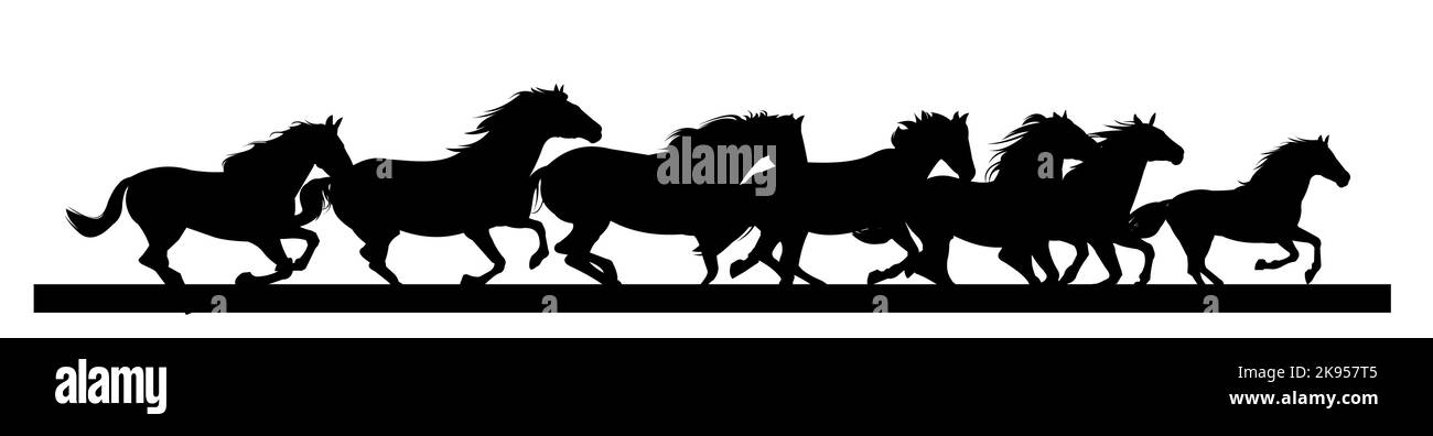 Herd of horses gallops fast. Image silhouette. Wild and domestic ...