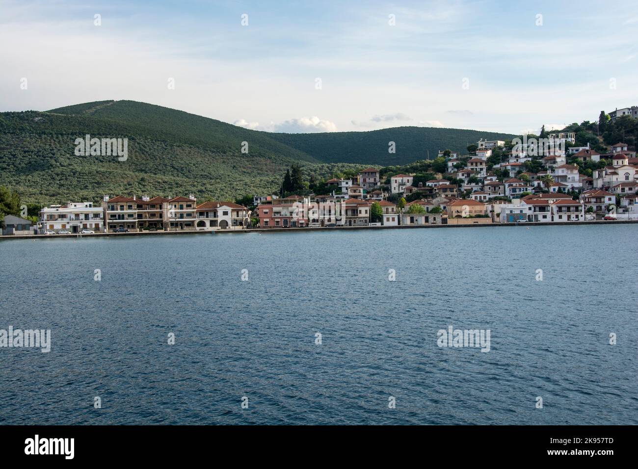 An aerial view of a sea with buildings in the background in Amaliapoli ...