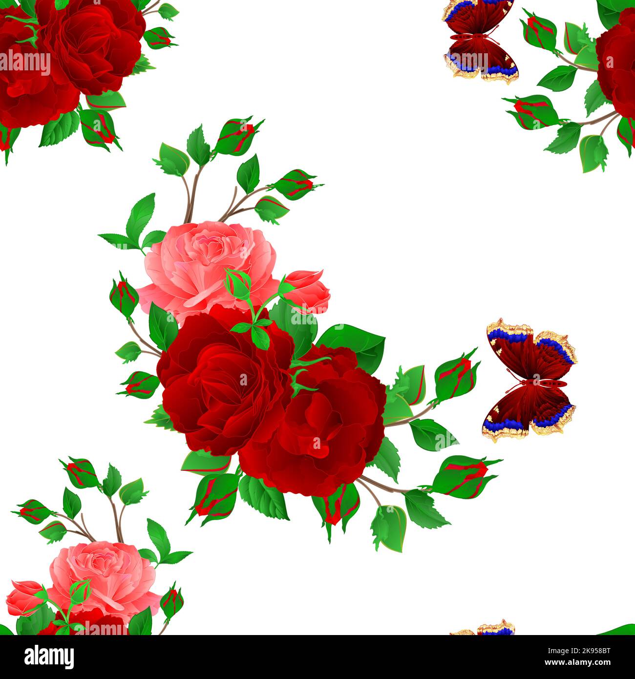 Seamless texture floral bunch with red and pink Roses and butterfly vintage festive background ...
