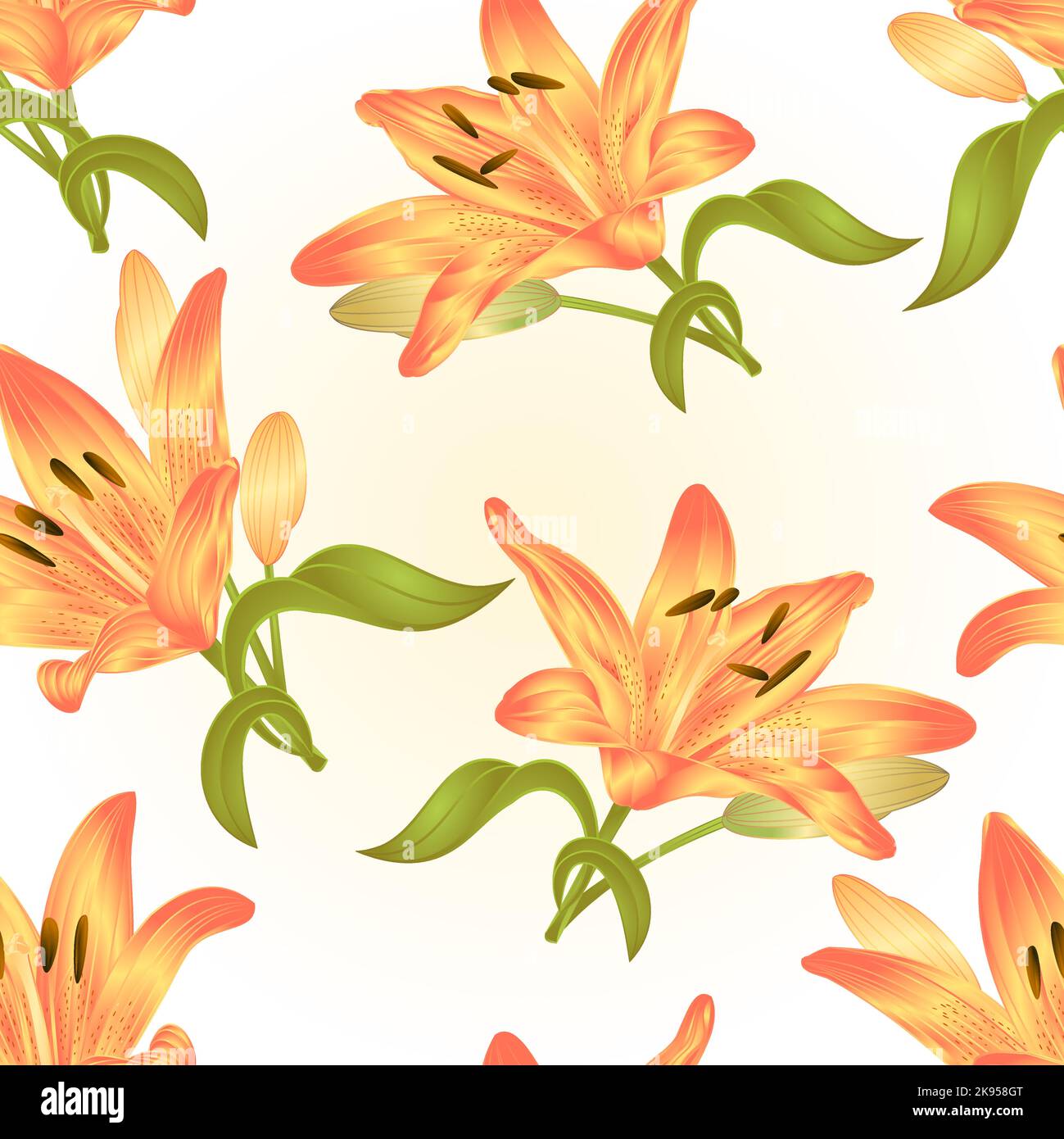 Seamless texture yellow Lily flower with leaves and bud on a white ...