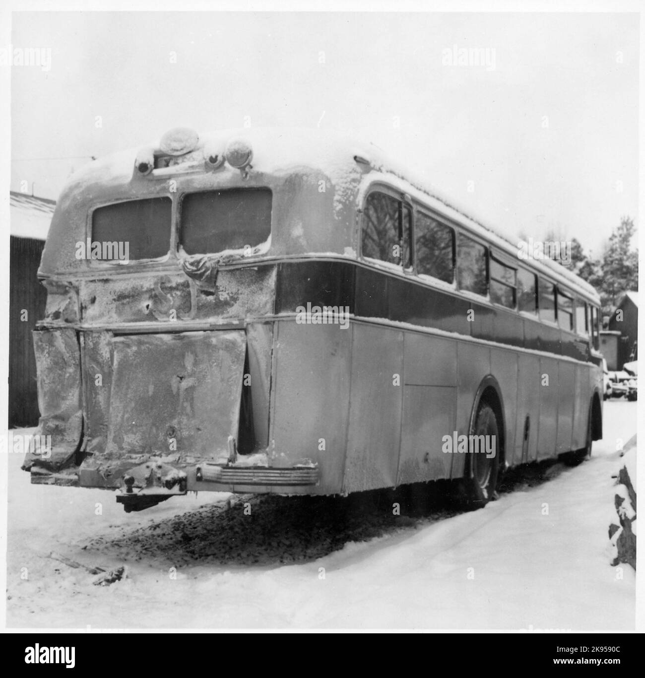 Collision -damaged bus. State Railways, SJ Bus 1887 Stock Photo - Alamy